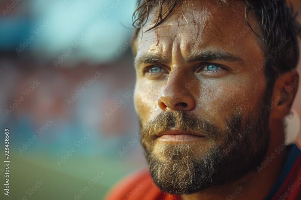 A rugged man with damp hair and a bushy beard stares stoically into the ...