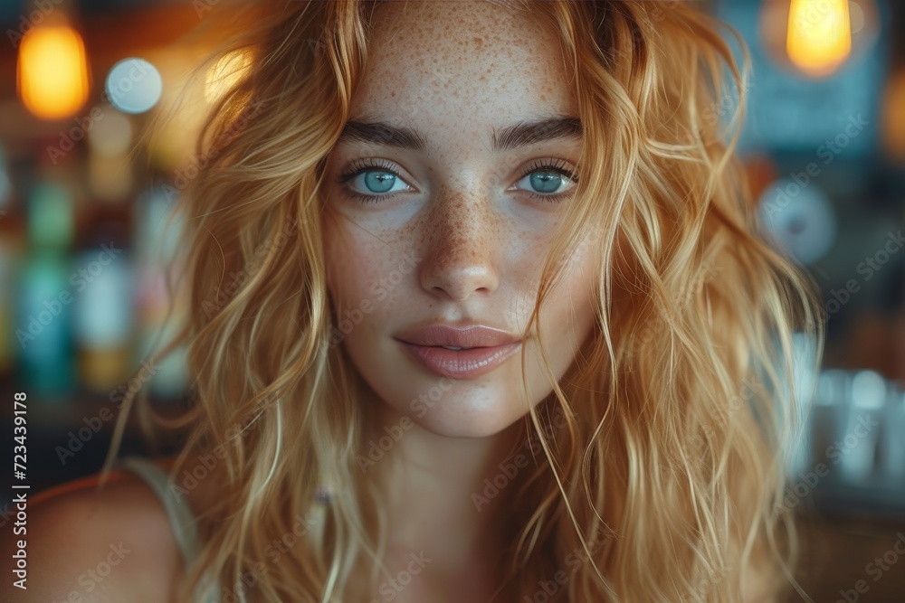 A sun-kissed surfer girl with a feathered blonde mane and freckled face ...