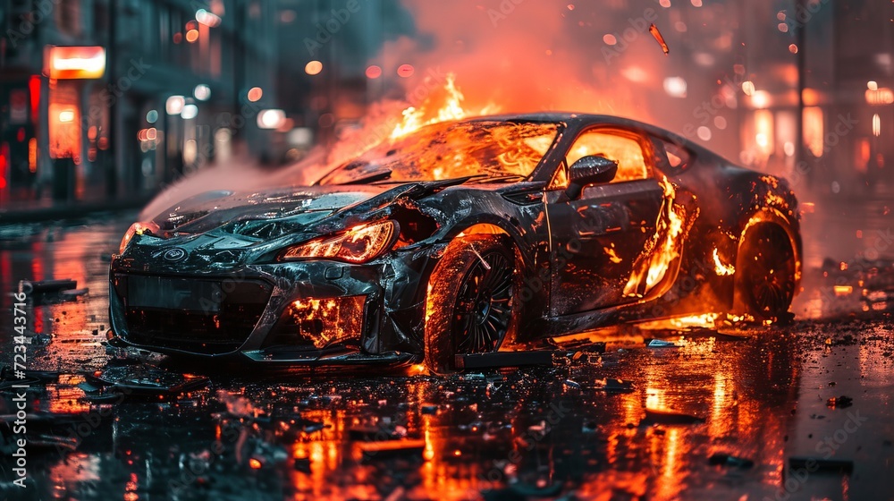 Dramatic car crash on the bustling city road with scattered debris and ...