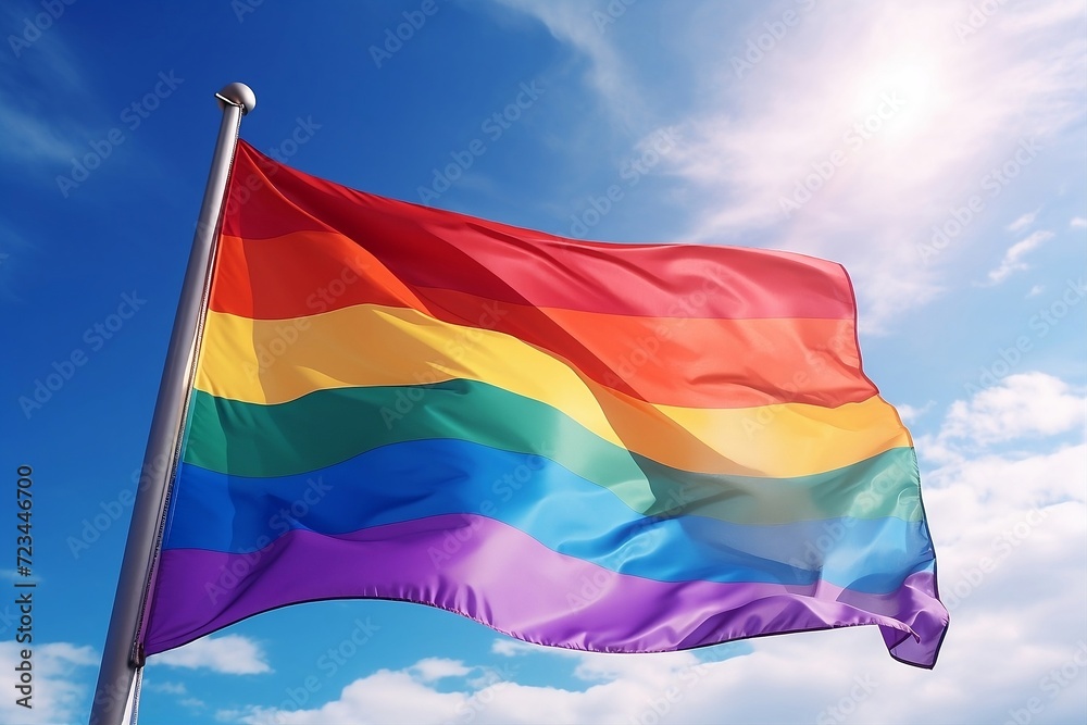 Rainbow Pride Flag flying in the wind and against a Bright Blue Sky ...