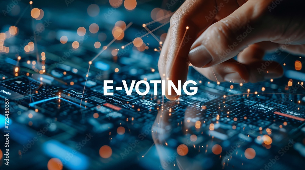 Secure e voting concept hand pressing e voting text with holograms on ...