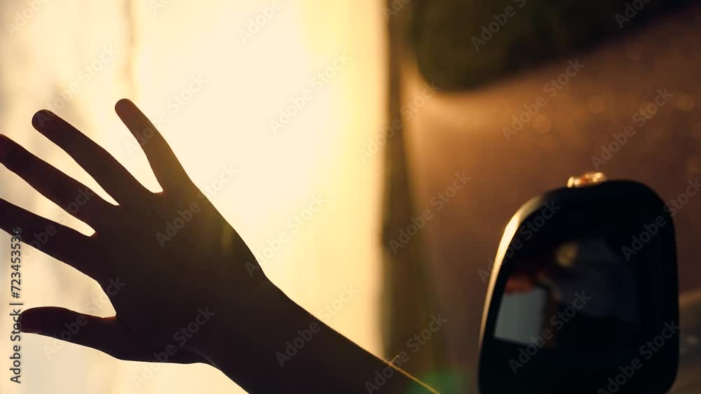 Free woman driver rides car catches wind with her hand from car window ...