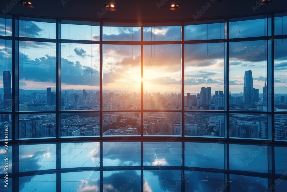 large office windows overlooking a large city, zoom background, office ...