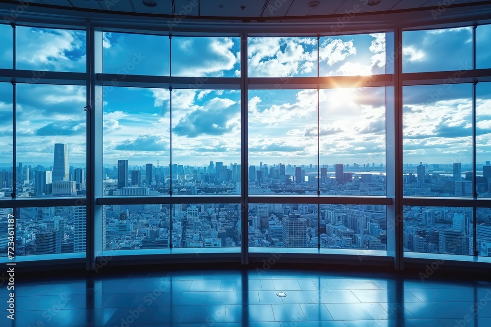 large office windows overlooking a large city, zoom background, office ...
