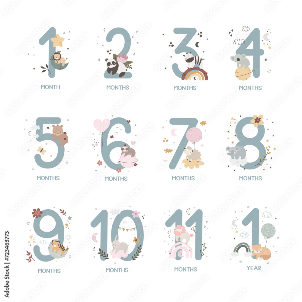 Cartoon set with Baby milestone cards. Cartoon animals, numbers, hand ...
