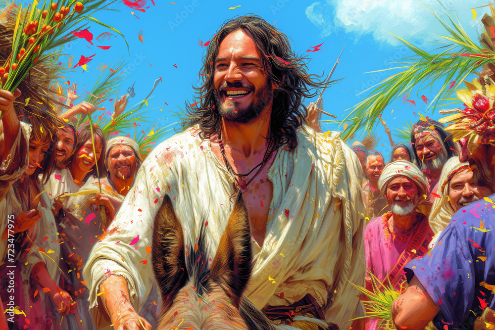 Jesus of Nazareth entering Jerusalem on a donkey on Biblical Palm ...