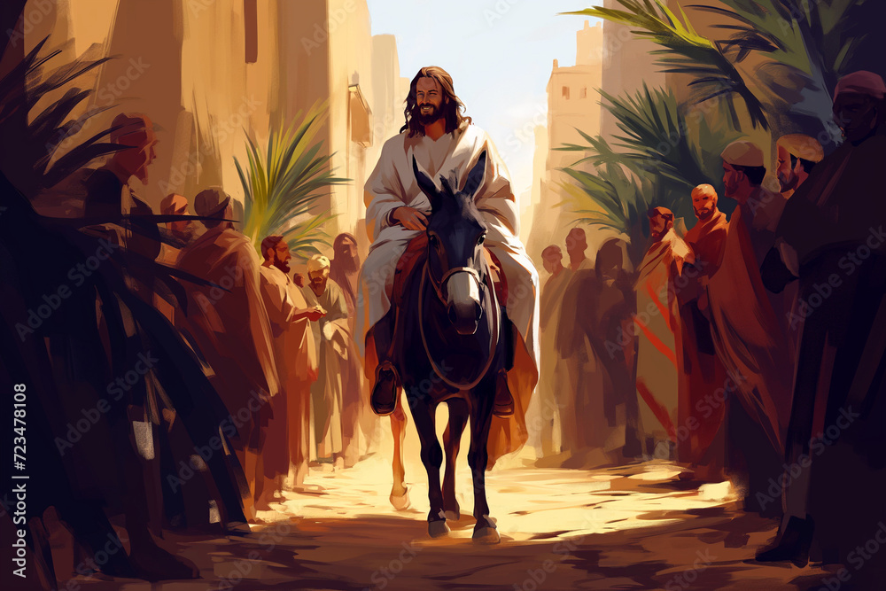 Jesus of Nazareth entering Jerusalem on a donkey on Biblical Palm ...