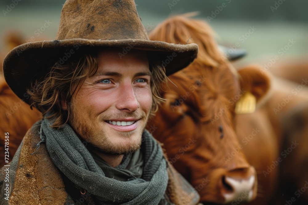 A rugged cowboy grins with pride as he poses next to his trusty cow ...