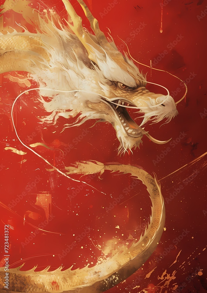 chinese new year element, gold dragon on red, long nian, celebrating ...