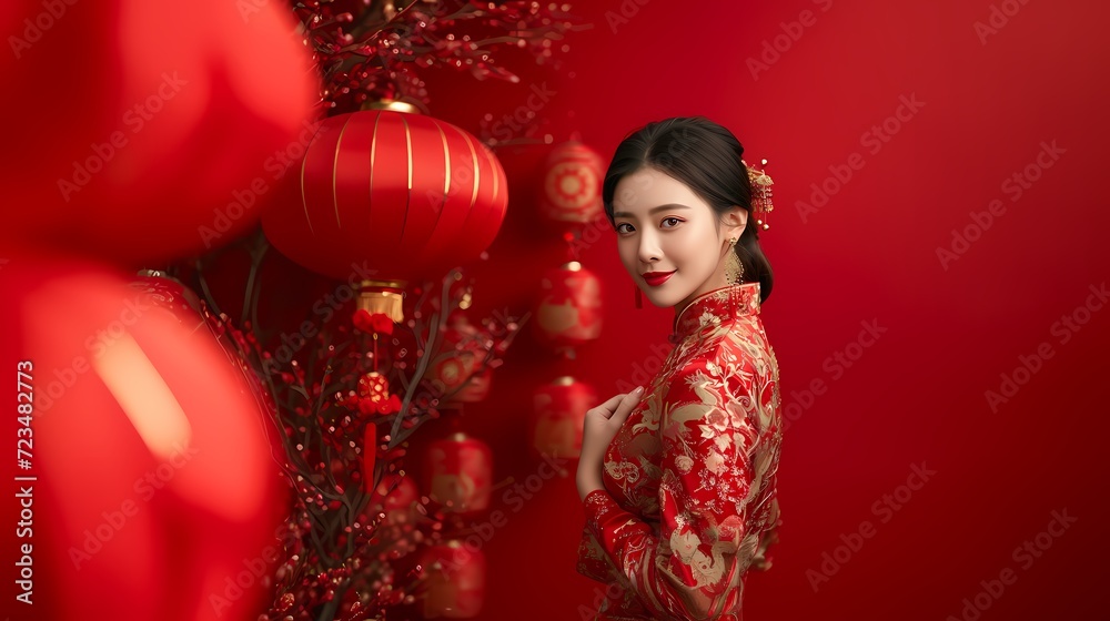 pretty girl wearing qipao, red Chinese traditional dress, For Chinese ...