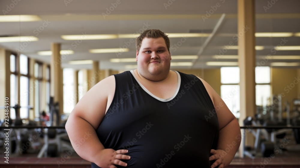 Self-assured young male with arms akimbo in a well-equipped gym ...