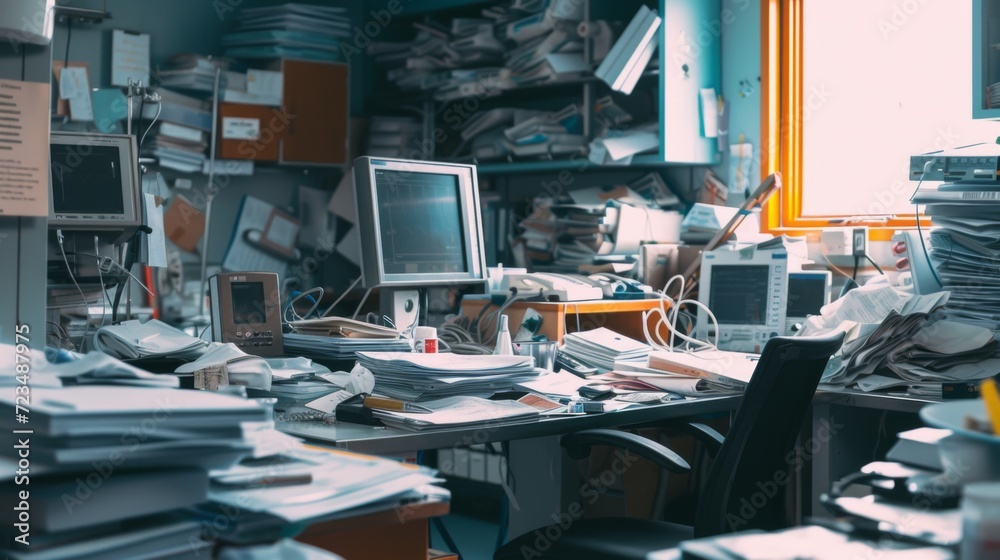 A chaotic emergency room with desks covered in paperwork and medical ...