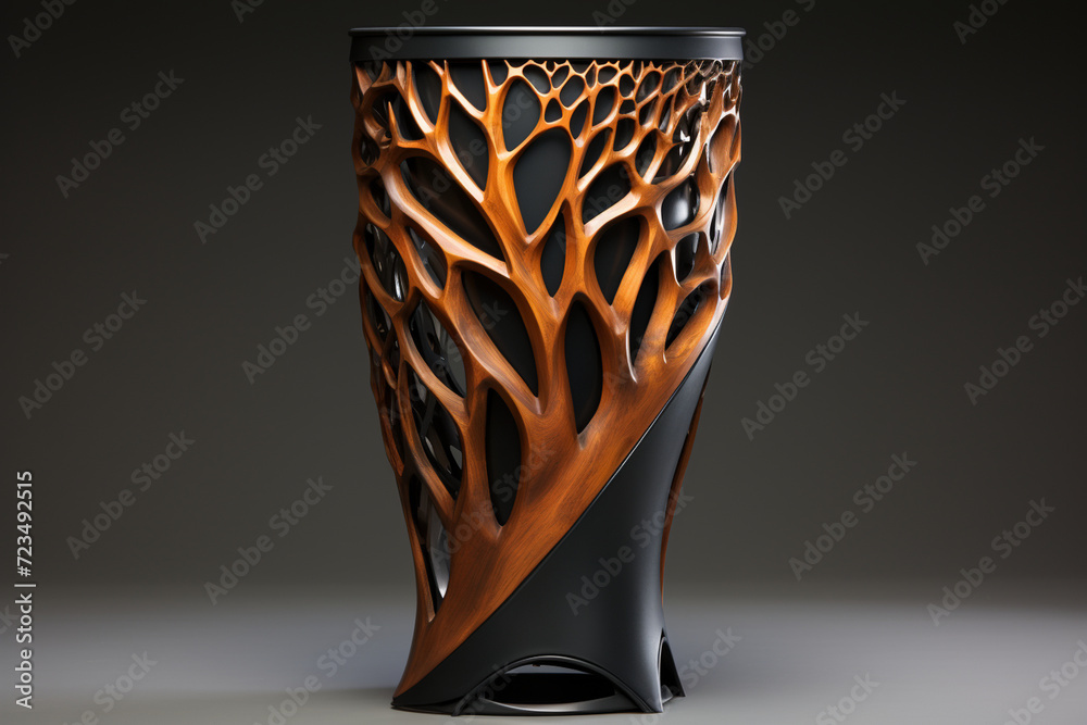 A stylized recycling bin made from sustainable materials, featuring ...