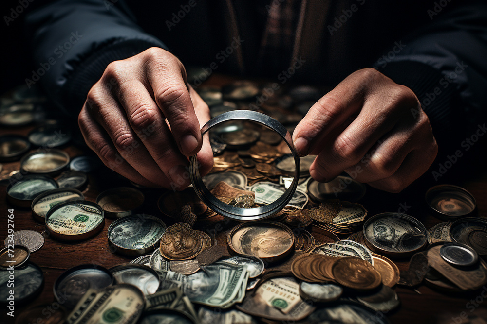 Hands holding a magnifying glass examining currency for security ...