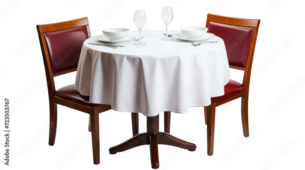 Round restaurant table with a cloth set isolated on transparent and ...