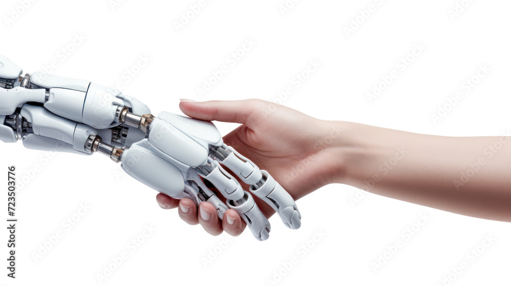 Robotic hand shaking hands with woman isolated on transparent and white ...