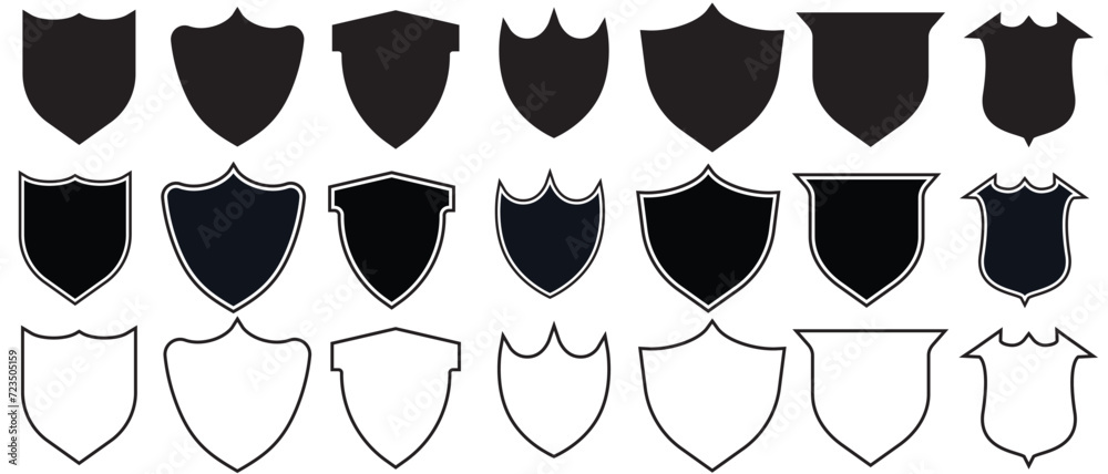 Shield icon set in vintage style. Protect shield security line icons ...