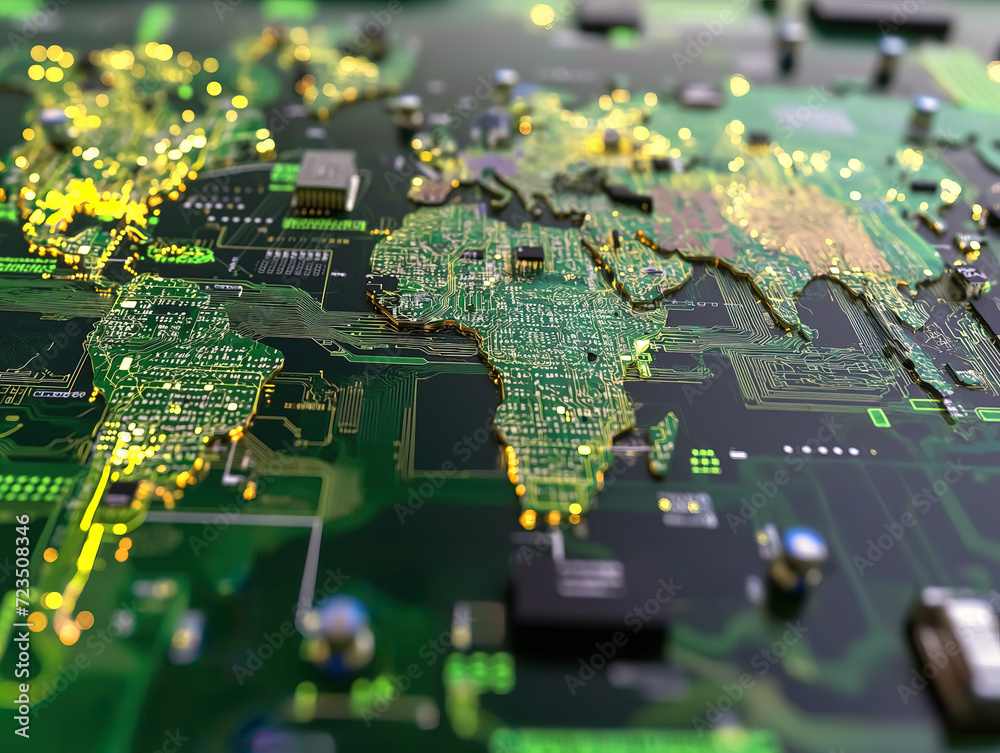 World map on circuit board microchip technology international computer ...