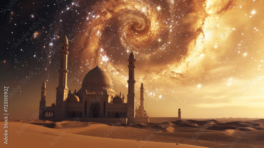 Image of a mirage-like Islamic mosque appearing amidst a desert, with a ...
