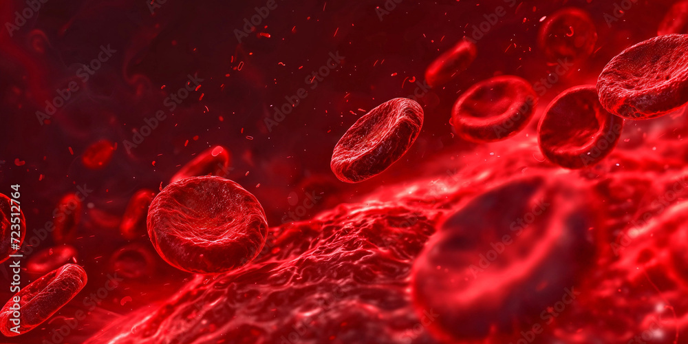 Red blood cells, cellular biology illustration, floating in a red space ...