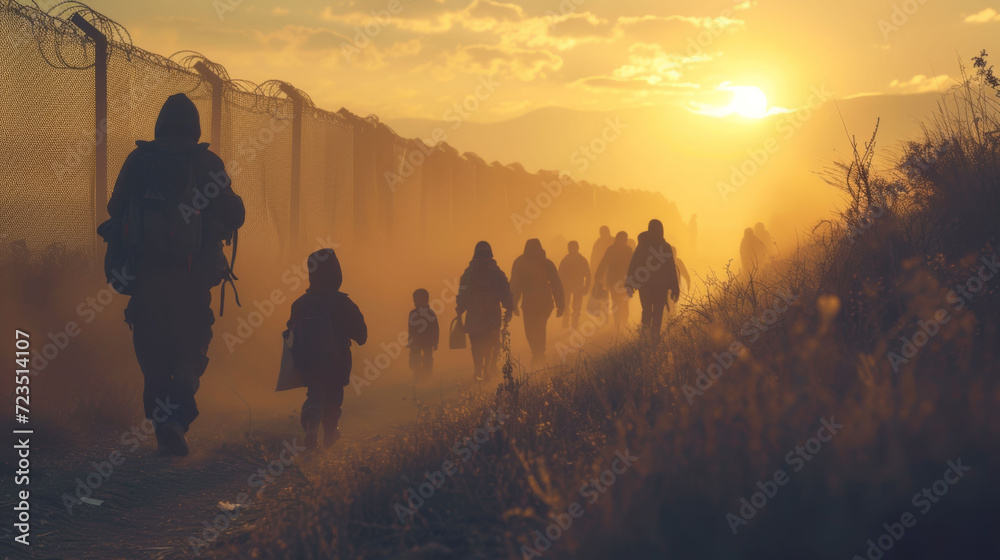 Long shadows and golden light surround migrants walking beside a border ...