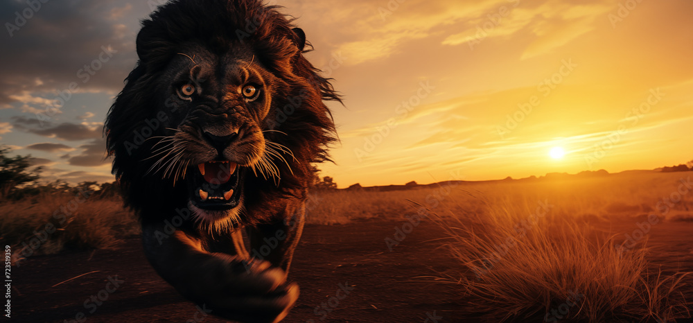 L'attaque d'un lion dans la savane africaine, au coucher du soleil ...