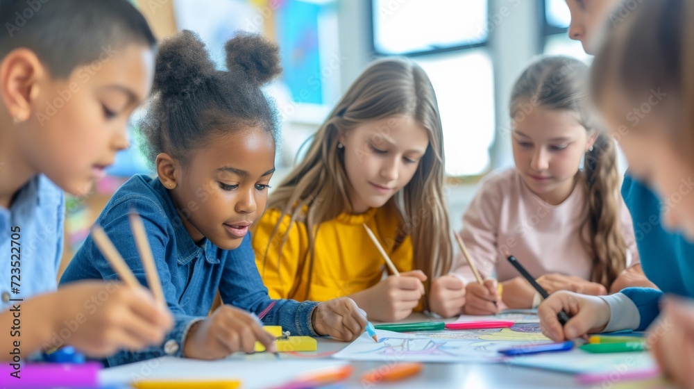 Students doing a creativity project with their teacher in a classroom ...