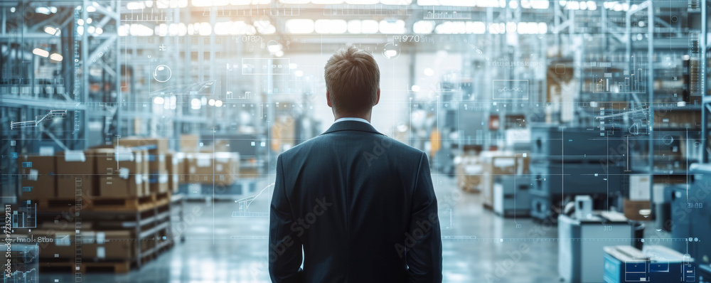 Businessman Overlooking Expansive Warehouse Operation. A suited ...