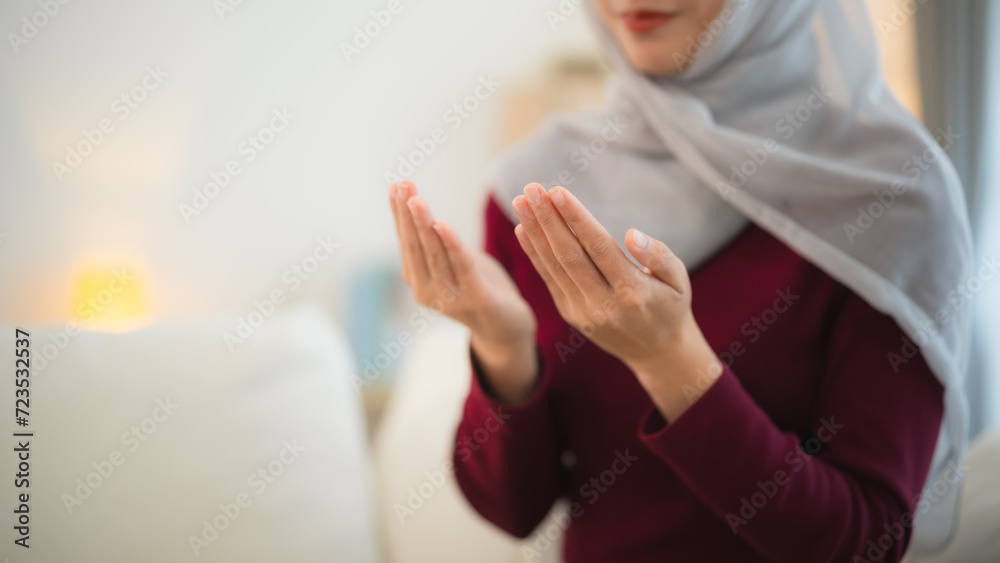 Close up hand. Muslim Islam woman with hijab do a day pray that show ...