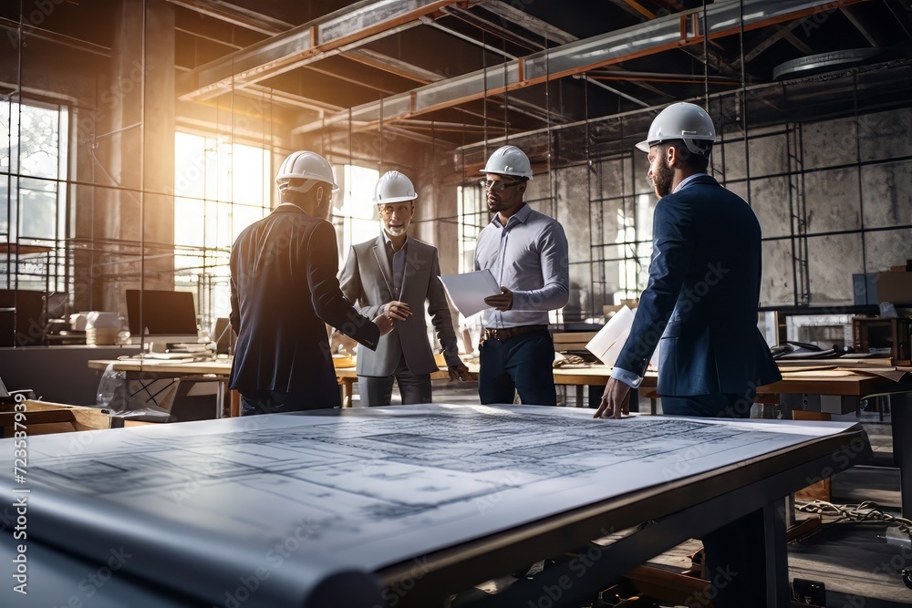 Architect team working with blueprints for architectural plan, engineer ...