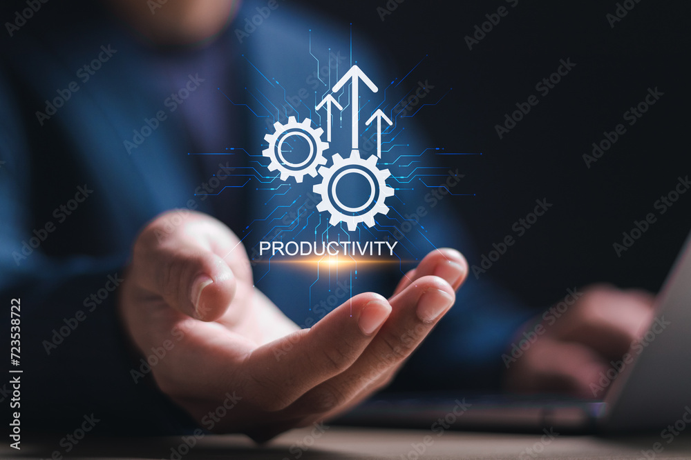 Process to increase productivity concept. Businessman holding virtual ...