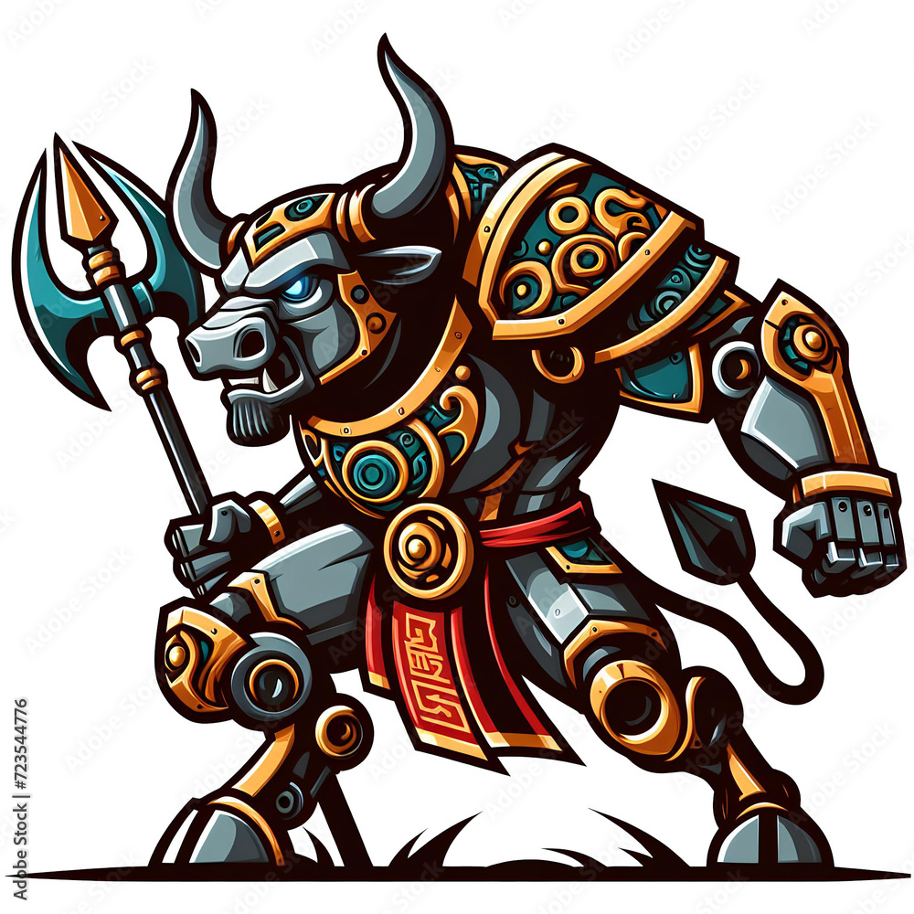 a cartoon style image of a mechanical bull warrior with PNG transparent ...