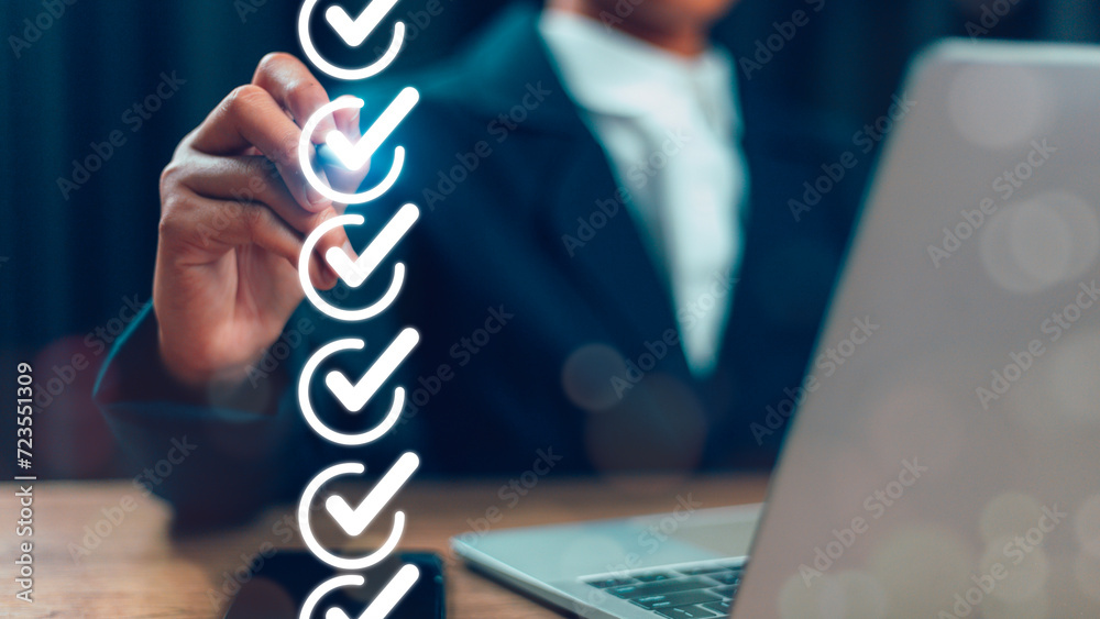 Women tick correct sign marks on virtual screen documents for online ...