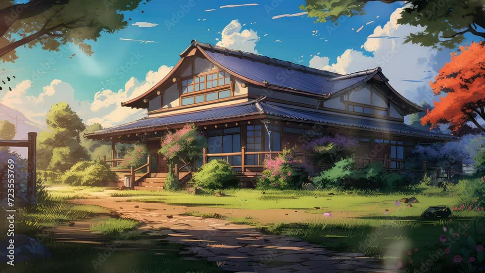 Animation traditional japanese house in spring with anime art style ...