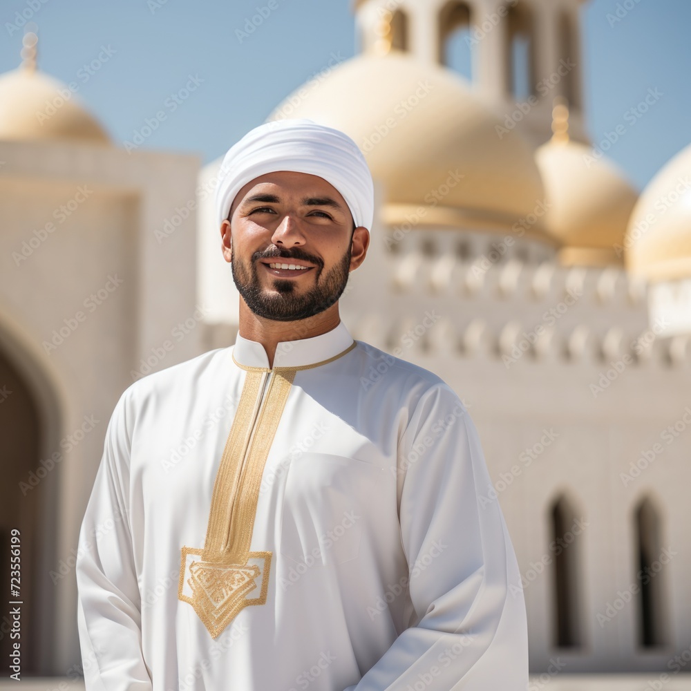 Arabic man wearing white clothing and a turban, posing in front of a ...