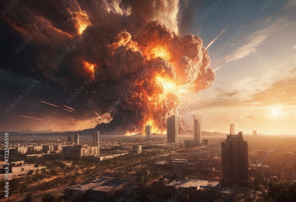 Atomic bomb in city. Symbol of war, end of world. Nuclear explosion ...