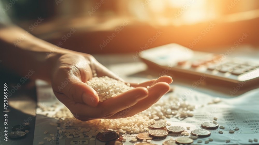 A detailed photograph of a hand gently holding rice grains, symbolizing ...