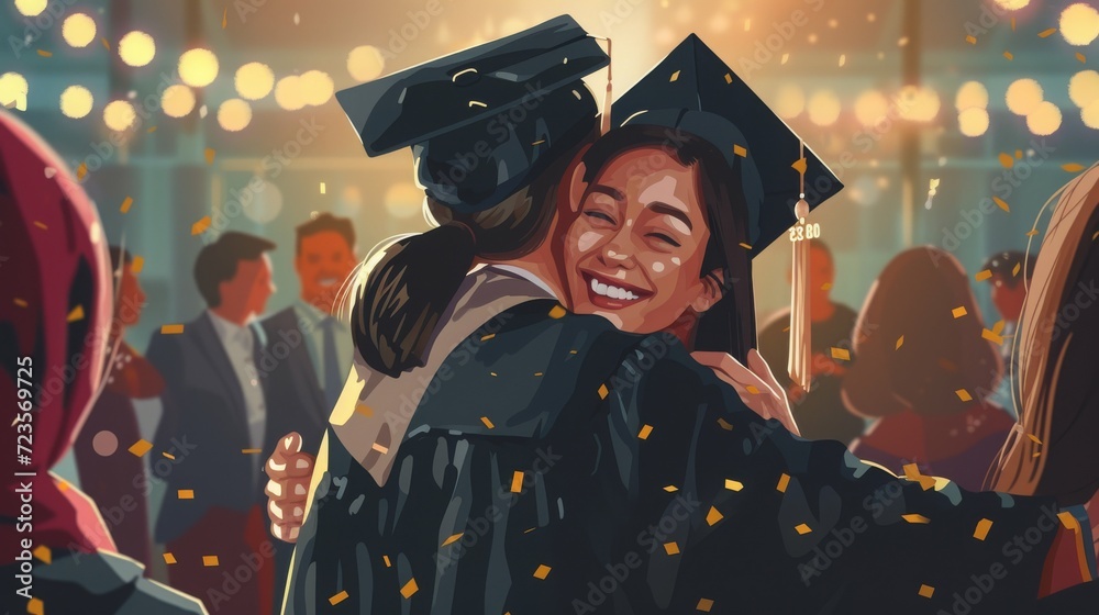 A joyful scene of a girl in her graduation gown and cap, hugging her ...