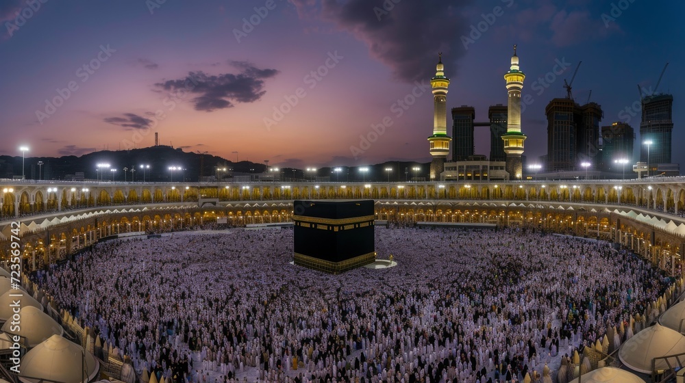 A panoramic view of the Kaaba in Mecca during Hajj, with thousands of ...