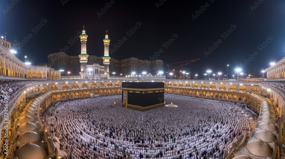 A panoramic view of the Kaaba in Mecca during Hajj, with thousands of ...