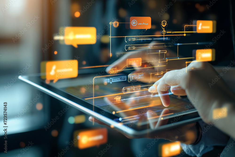 modern digital communication, with a person engaging in an interactive ...