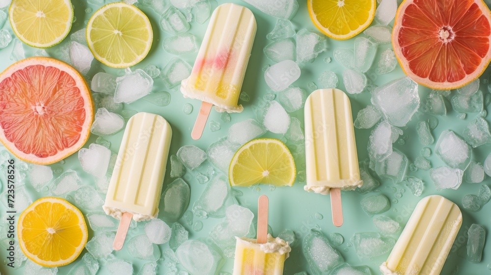 Lemon and grapefruit ice pops on a bed of crushed ice with citrus fruit ...