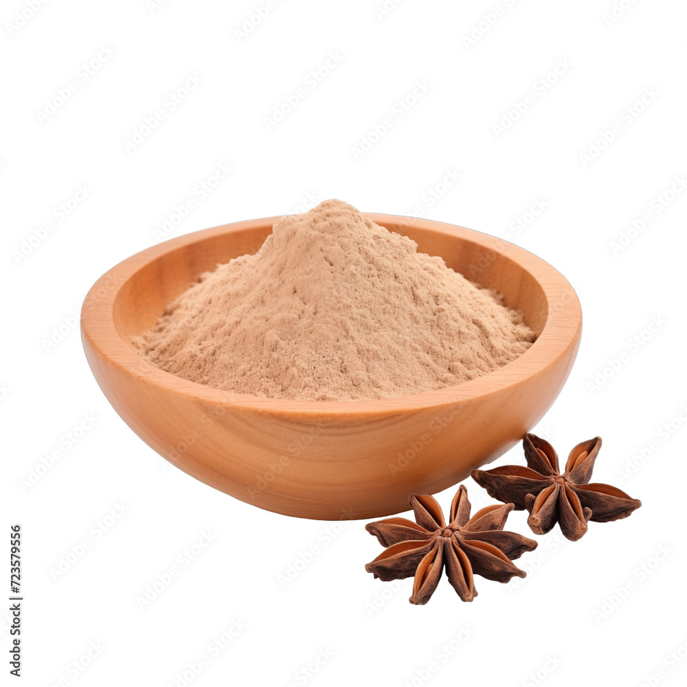 pile of finely dry organic fresh raw star anise powder in wooden bowl ...