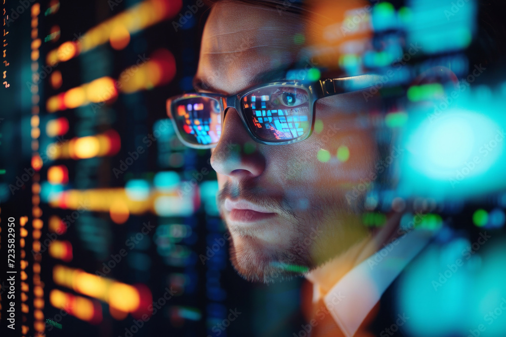 Programming, ai code and man with focus, hologram and digital software with cyber security ...