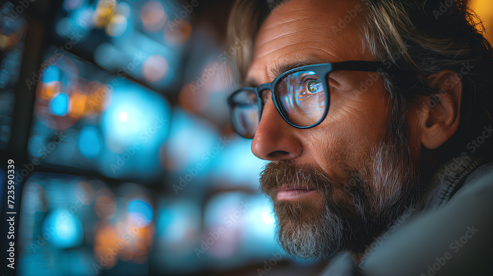 Detailed close-up of a male analyst with a beard, wearing glasses that ...