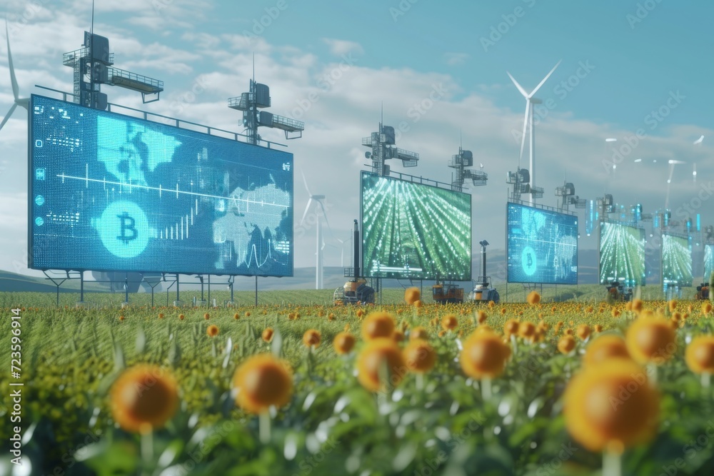 A 3D rendering of farmers monitoring large screens in a farm field ...