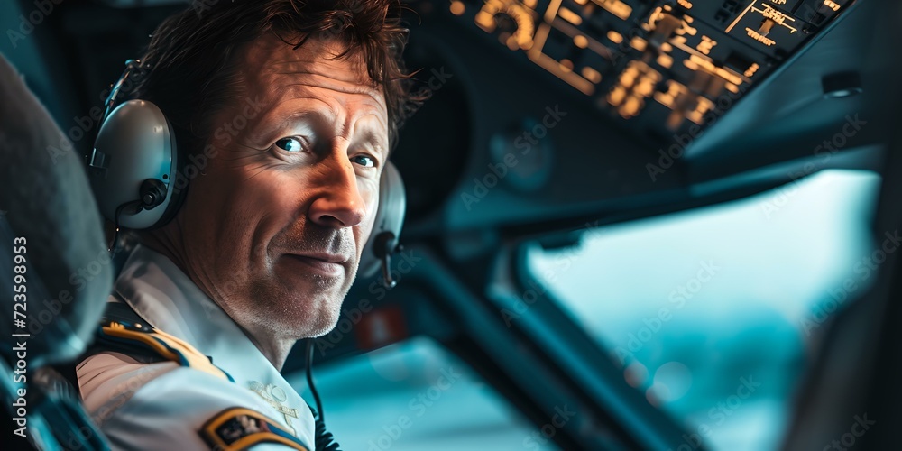 Confident airline pilot at the cockpit controls during flight. a ...