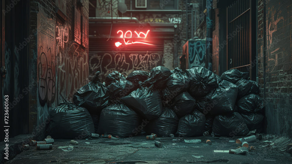 Apocalyptic alleyway with neon signs and piles of trash under a ...