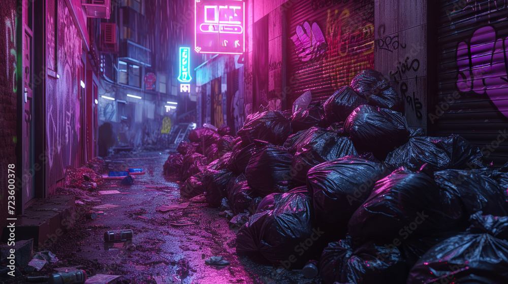 Apocalyptic alleyway with neon signs and piles of trash under a ...