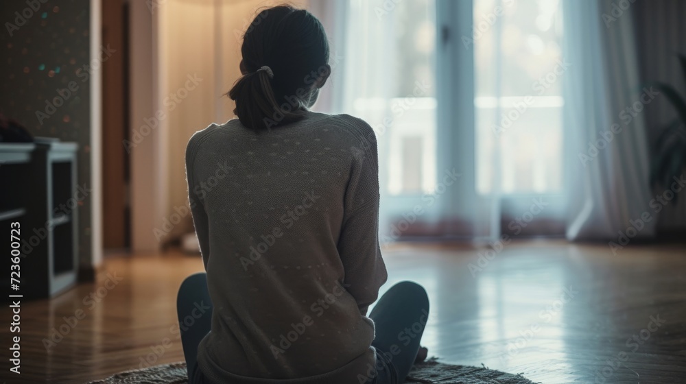 Sad and depressed young woman sitting on the floor in the living room ...